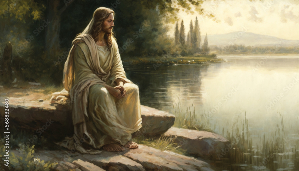 Jesus sitting on the edge of the river created with Generative AI Stock ...