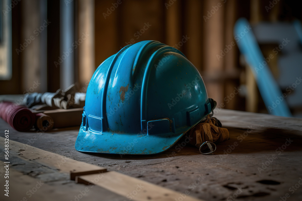 A blue safety helmet or hardhat, construction worker PPE, is placed in ...