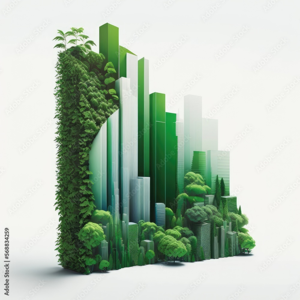 Bar chart with city and lush greenery environmental sustainability ...