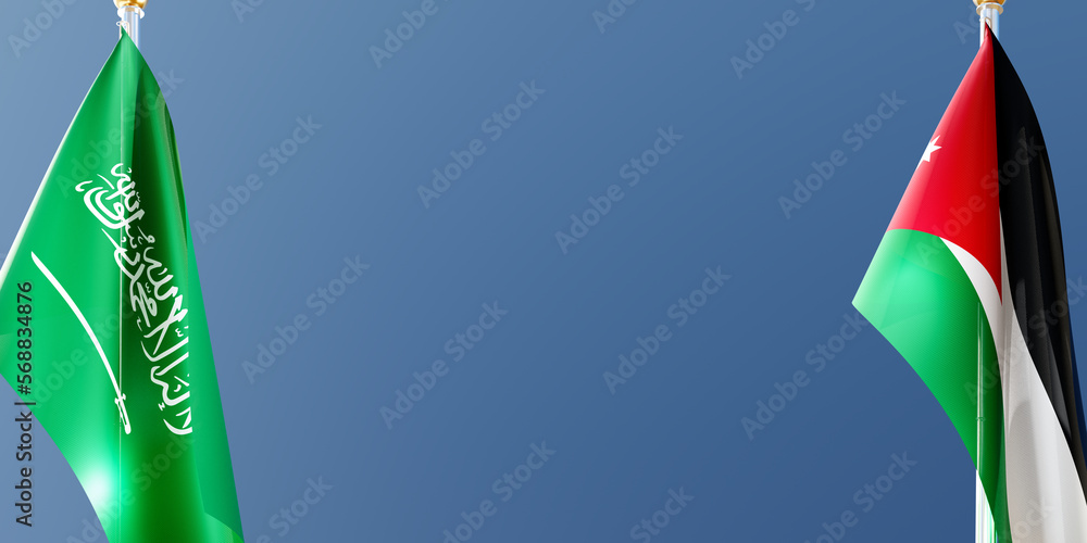 jordan and saudi arabia flag on a flagpole, 3D image, national symbols ...