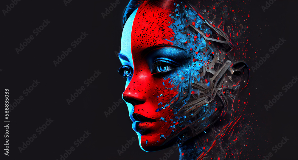 Generative AI painting. Close up portrait of android robot. Side face ...