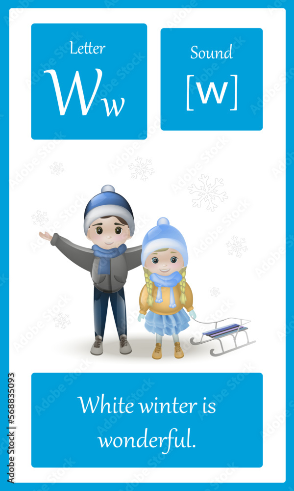 Colorful alphabet letter W. Phonics flashcard with sound. Letter W for ...