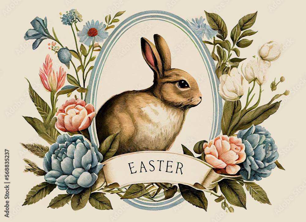Vintage engraving Easter card design as illustration of Easter bunny in ...