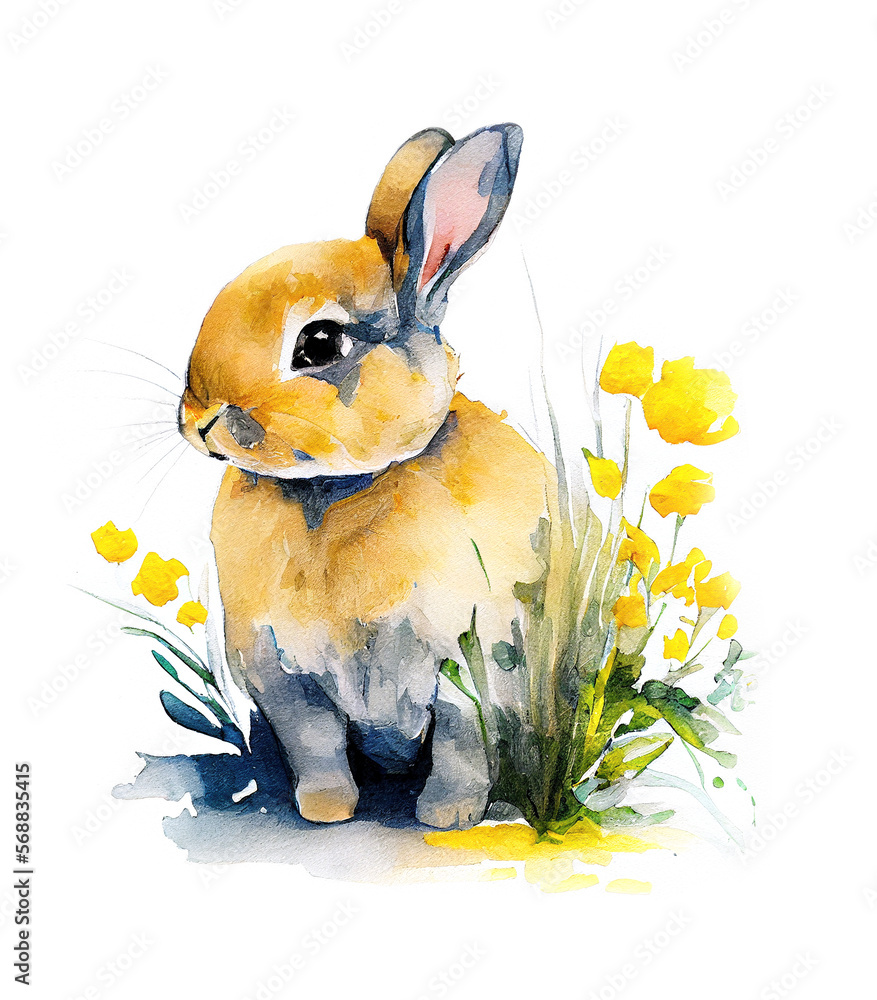 Watercolor painting of rabbit floral vignette as illustration of little ...