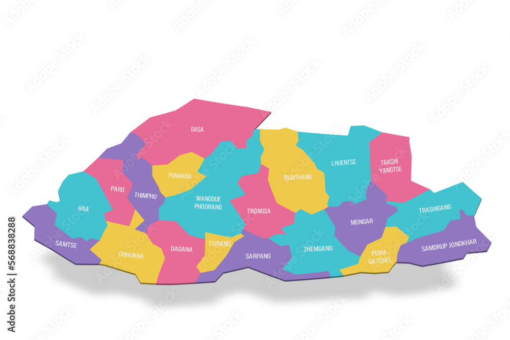 Bhutan political map of administrative divisions - districts. 3D colorful vector map with name ...