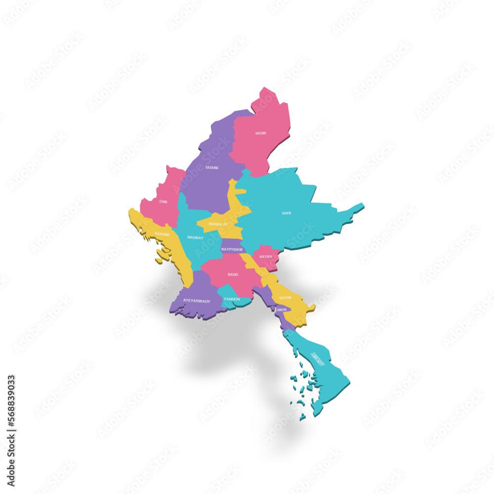 Myanmar political map of administrative divisions - states, regions and ...