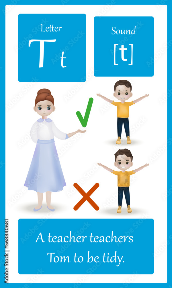 Colorful alphabet letter T. Phonics flashcard with sound. Letter T for ...