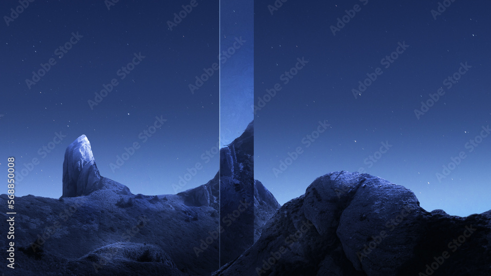 Abstract futuristic design element on mountain landscape at night with ...