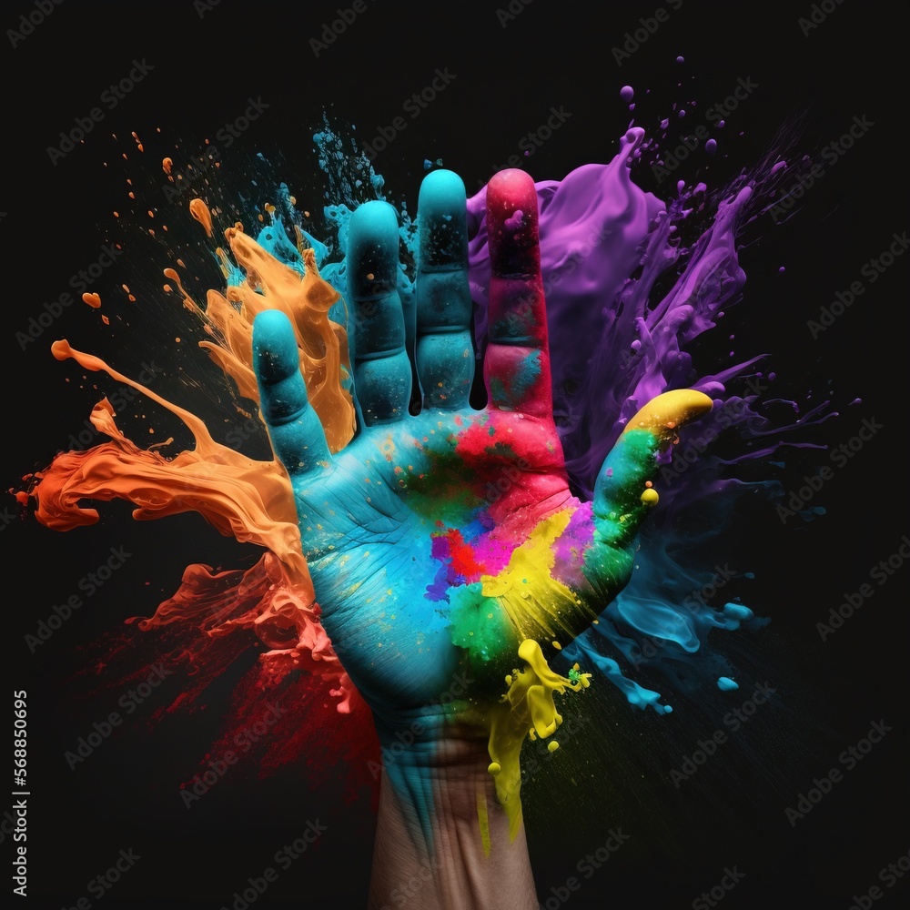 A hand throwing colours in a multi colour splash background. Holi ...
