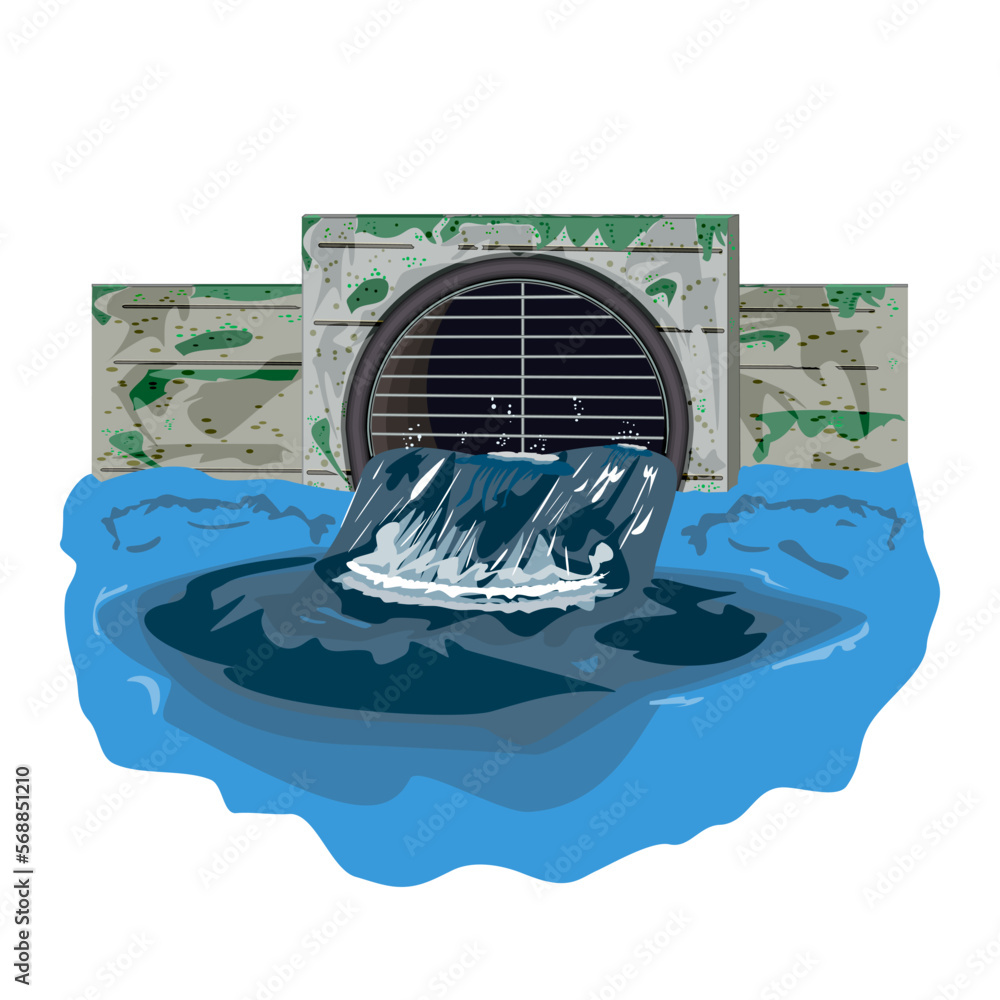 Wastewater and sewer pipe. Dirty water flowing from tube. Ecological ...