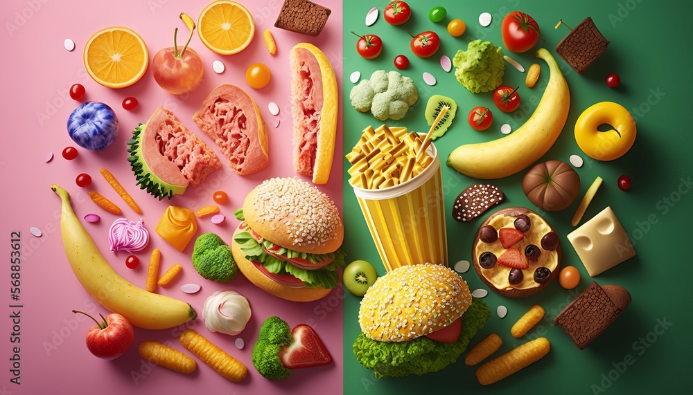 Healthy and unhealthy food background from fruits and vegetables vs ...