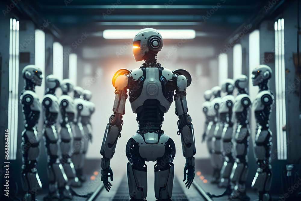 Humanoid robots on assembly lines for production in a factory. Concept ...