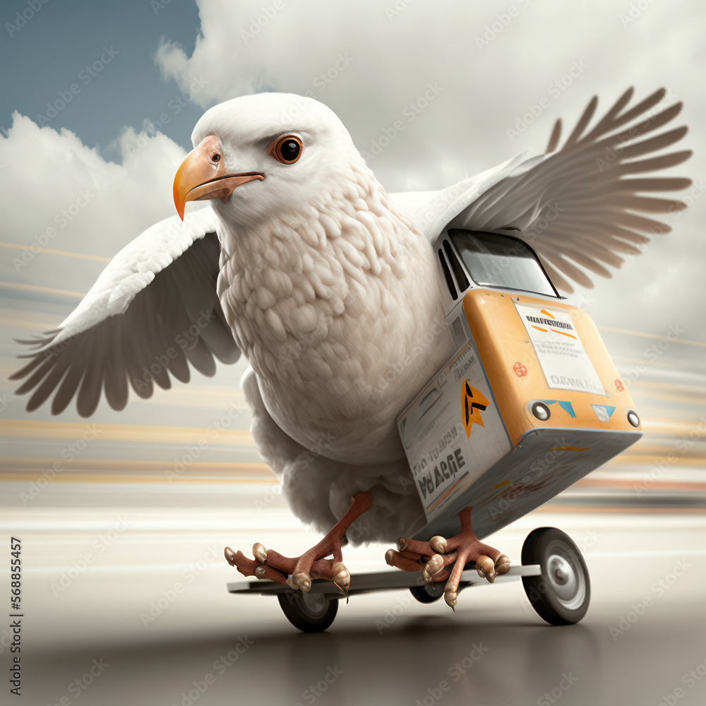 Illustration of a creative bird delivering a parcel in digital art ...