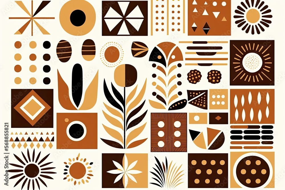 African tribal pattern made from squares, circles, alphabets, poka dots ...