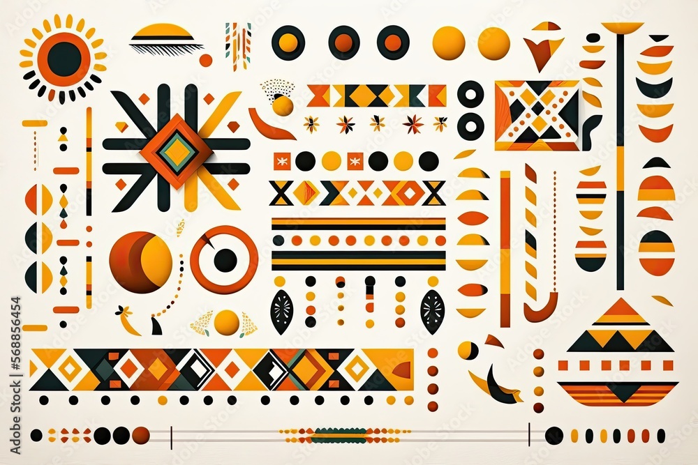 South American tribal pattern made from squares, circles, alphabets ...