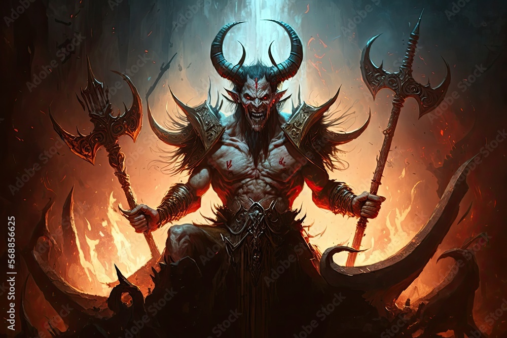 A demon with horns and a menacing expression, clutching a trident as it ...