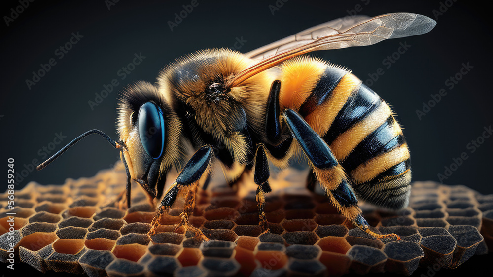 close up of a bee on honeycomb with honey, realistic dark background ...