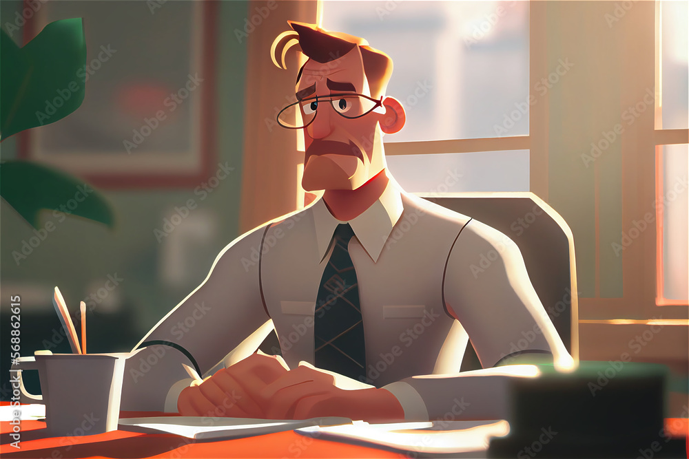 Cartoon style illustration of a man working in an office, generative AI ...
