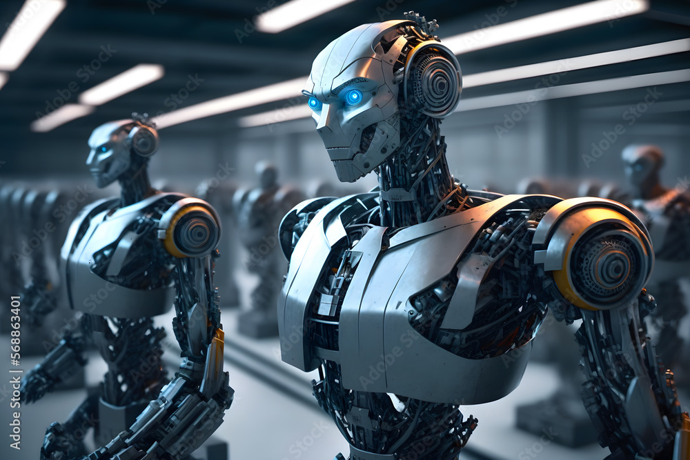 Humanoid robots on assembly lines for production in a factory. Concept ...