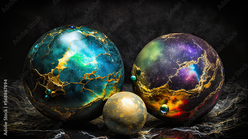Abstract Design of "Spaceballs", a mix of a pietersite sphere and glass marbles with a style of ...