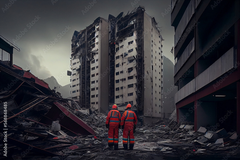 Rescuers in uniform and helmets dismantle the rubble of houses after ...