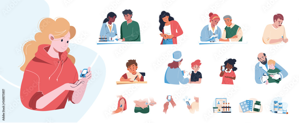Diabetes vector illustration set. Collection of people with diabetes ...
