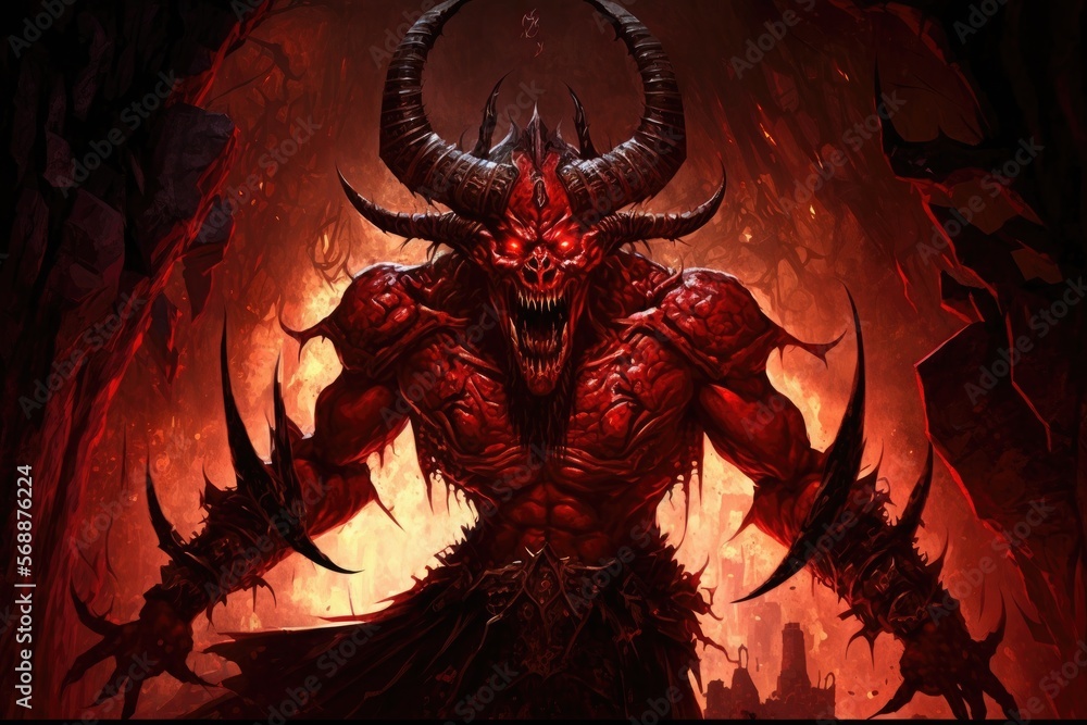 A demon with red skin and sharp claws, roaming the underworld and ...