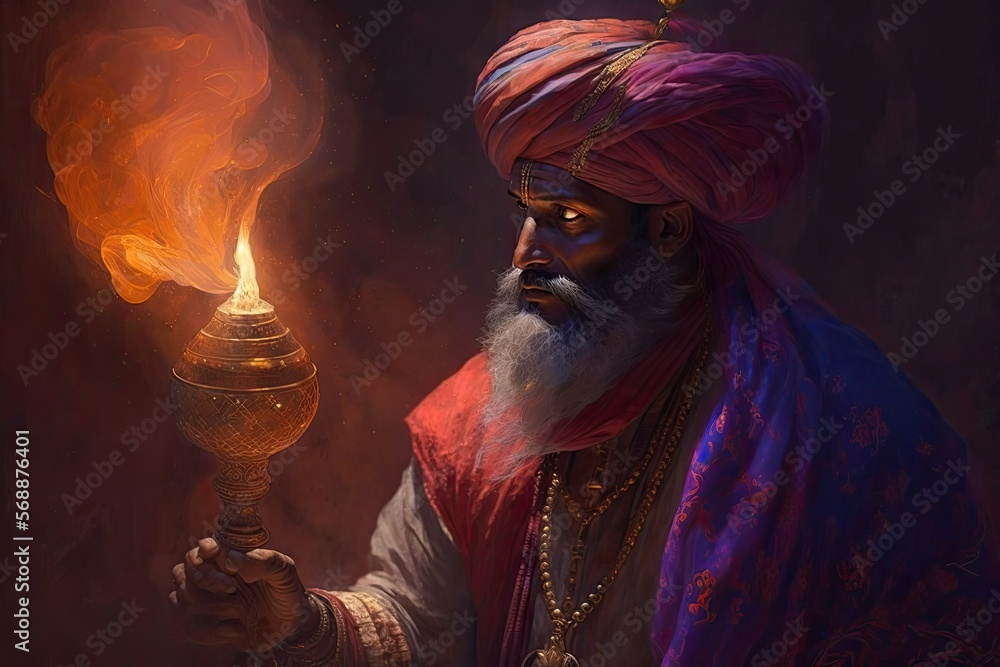 A genie with a mystical aura and a turban, granting wishes from its ...