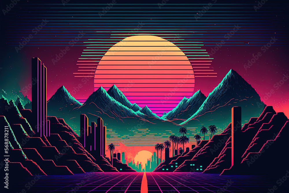 Generative AI, Retro style, nostalgic 80s, 90s. Night landscape, sunset ...