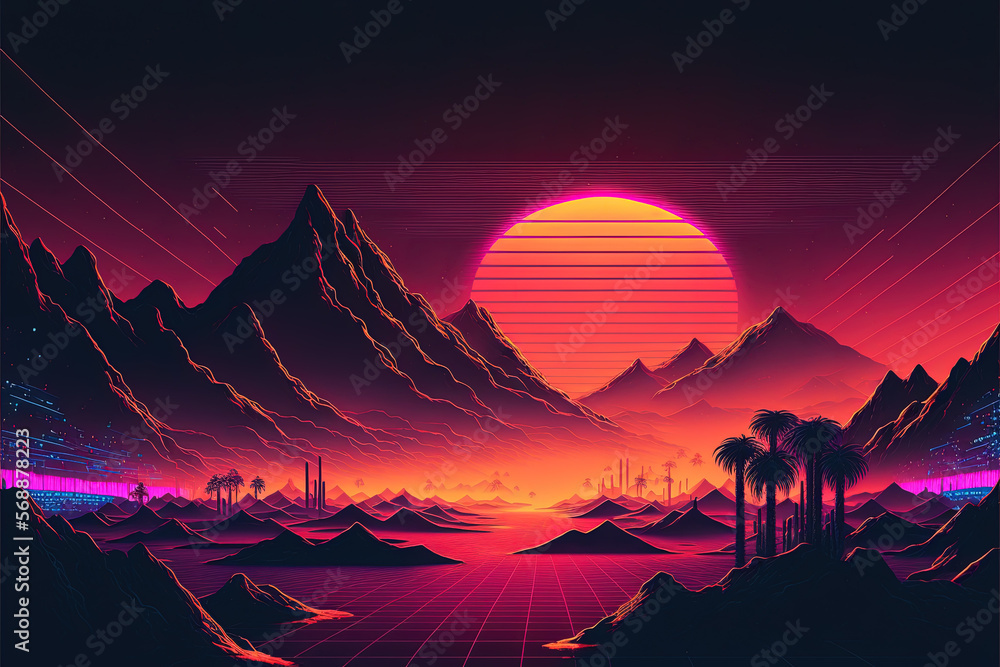 Generative AI, Retro style, nostalgic 80s, 90s. Night landscape, sunset ...