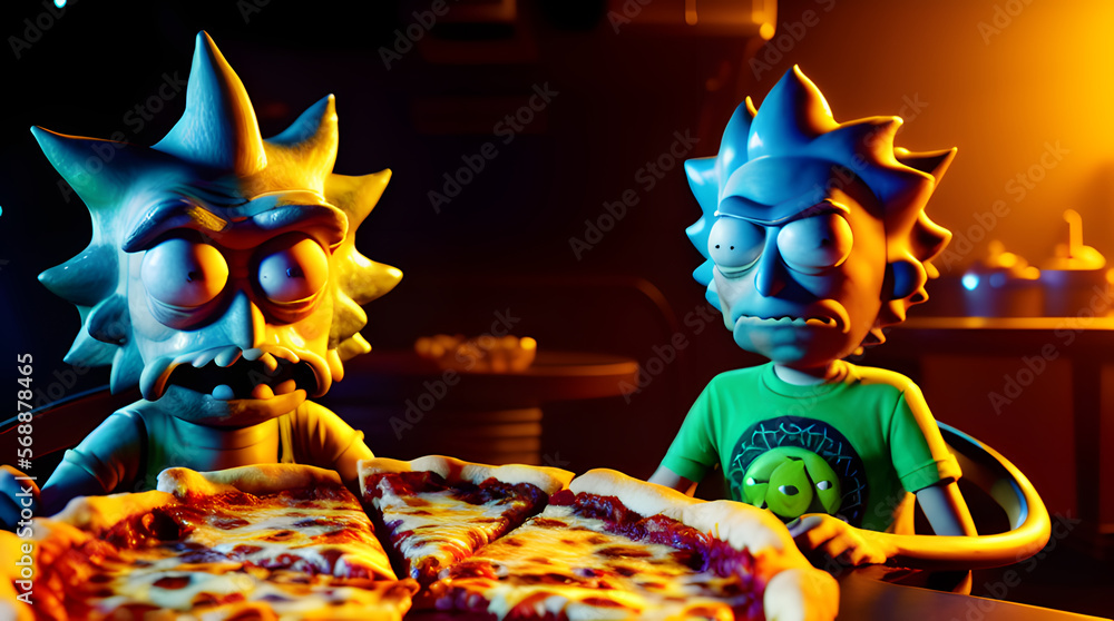 3d render of rick and morty in pizza universe 3d modelling neon digital ...