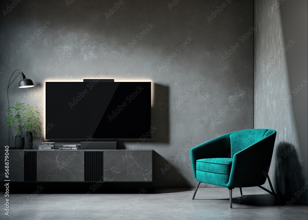 LED-lit television set on a cabinet, next to an upholstered chair, in ...