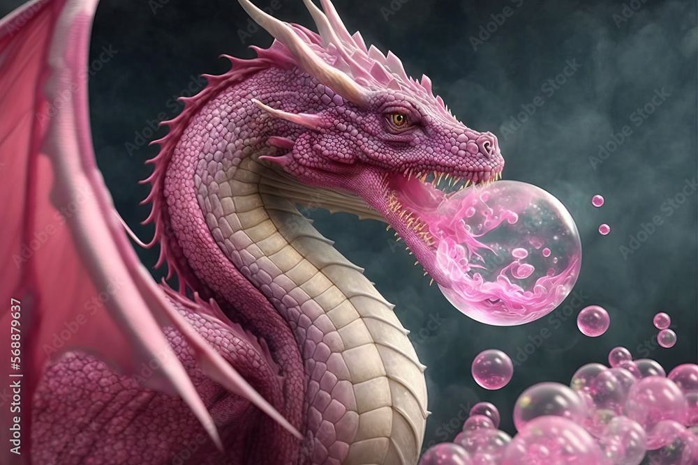 Beautiful dreamy pink dragon the color of bubble gum blowing bubbles ...