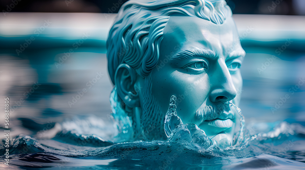 a water sculpture of a human head on the ocean water, water ...