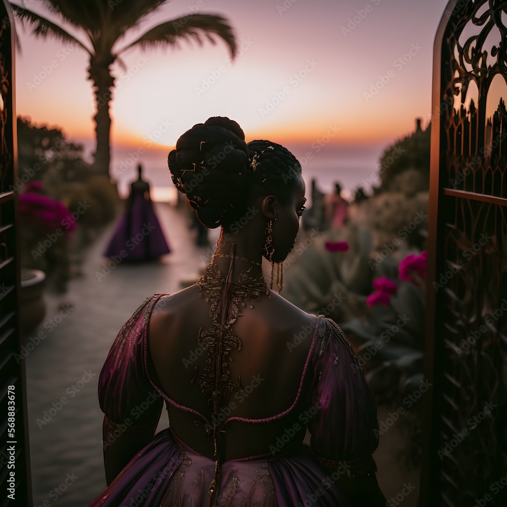 extrawide shot of back of beautiful caramel black woman in the midst of ...