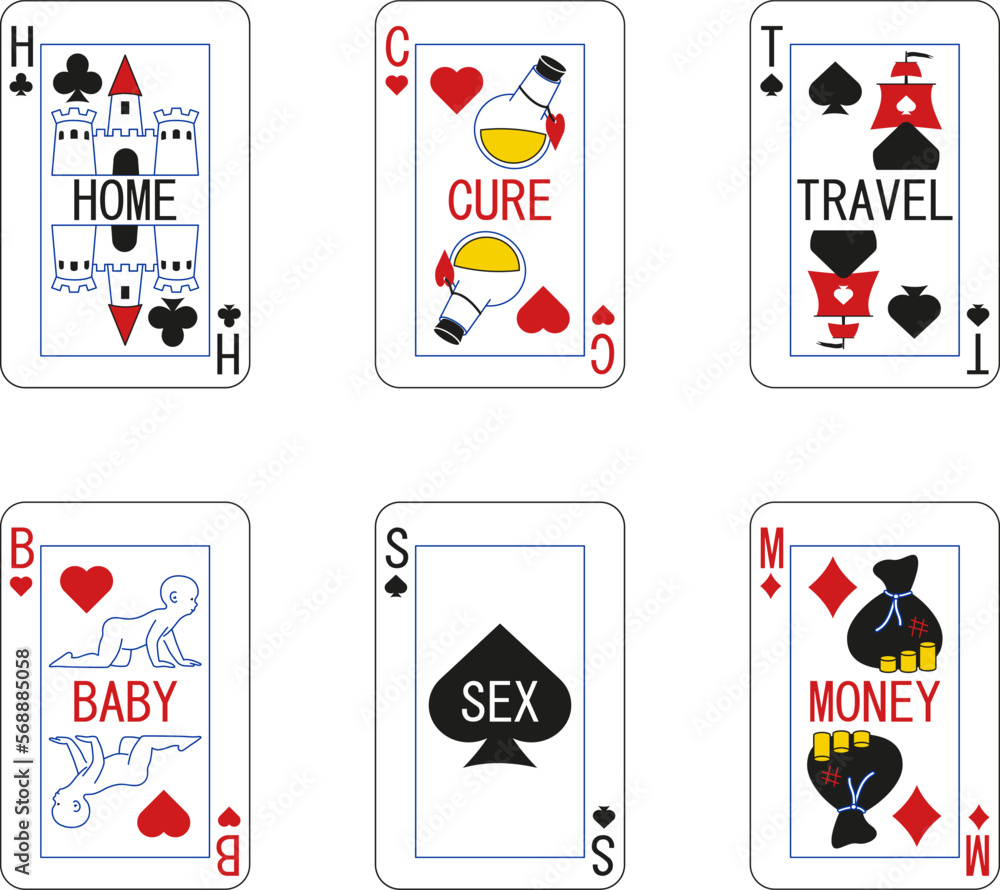 Wish icons in playing cards style. Playing cards of human desires and ...