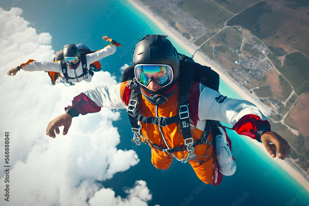 Athletes skydivers jump from an airplane falling in free fall above the ...
