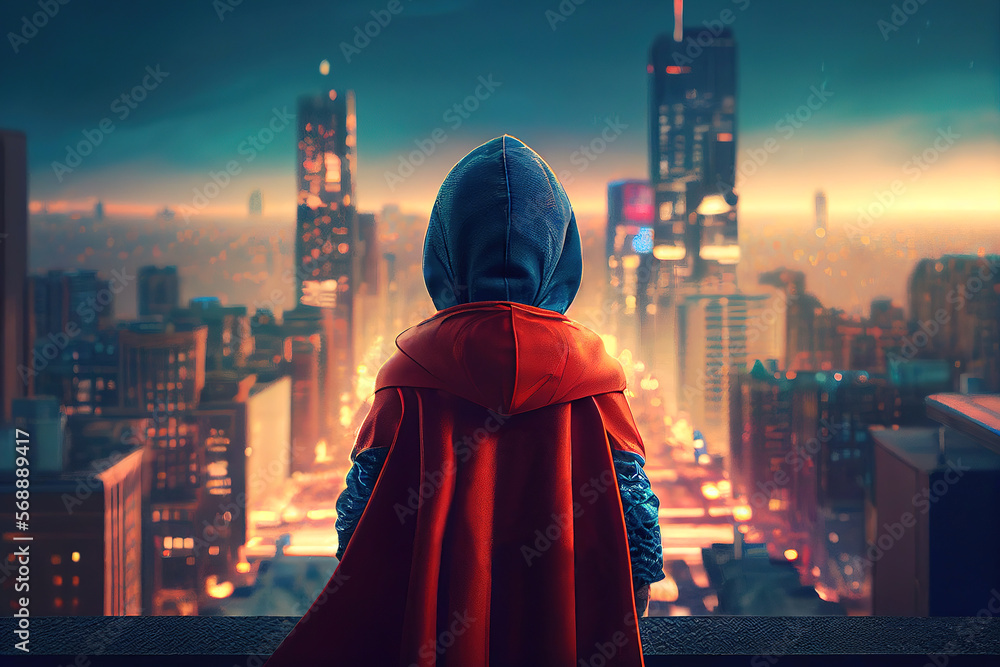 Little child boy plays superhero. Back view, Child on top building ...