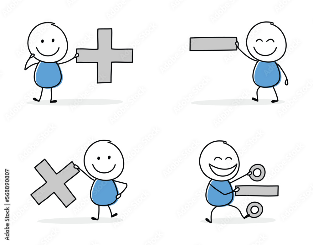 Collection of a cartoon stickman holding plus, minus, multiply, divide ...