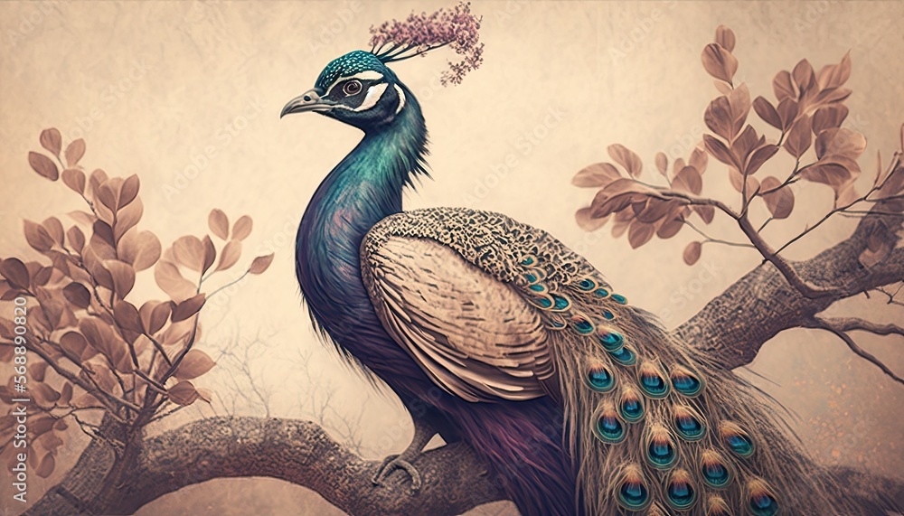 vintage peacock sitting on a branch on the textured background, pale ...