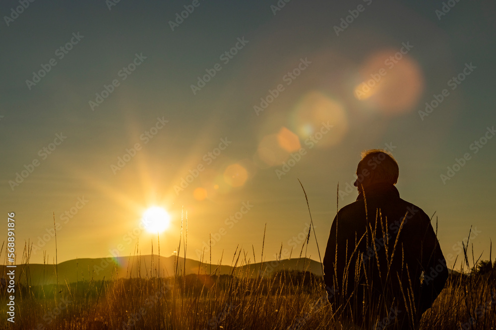 Silhouette of man in field at sunset Stock Photo | Adobe Stock