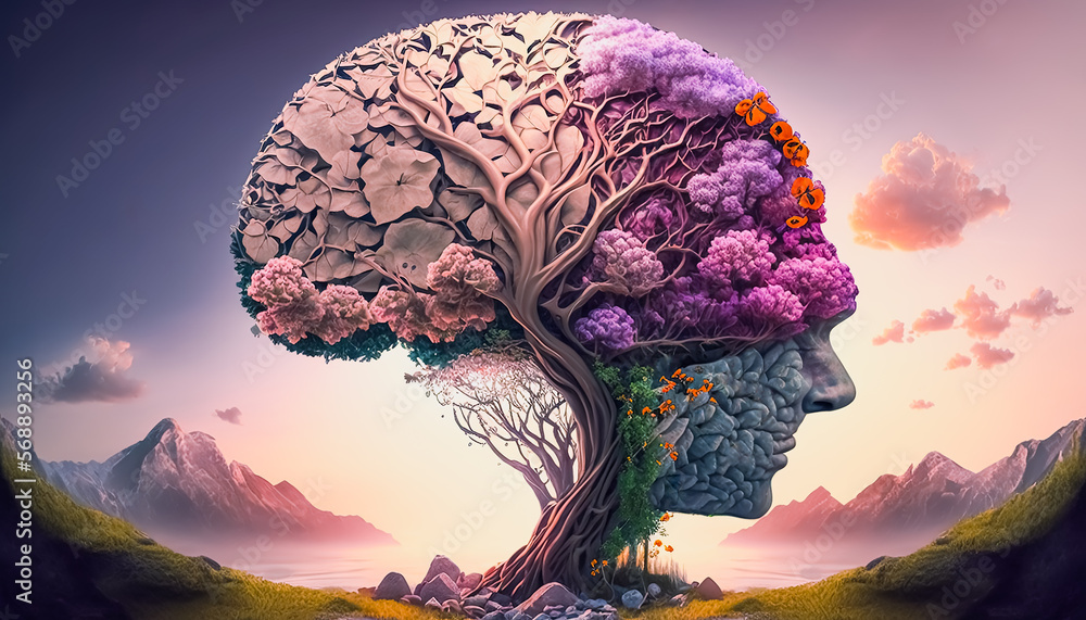 Human brain with flowers and plants, self care and mental health ...