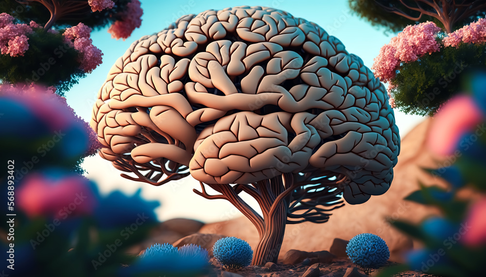 Human brain with flowers and plants, self care and mental health ...