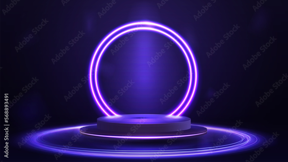 Empty purple podium floating in the air with purple neon rings on ...