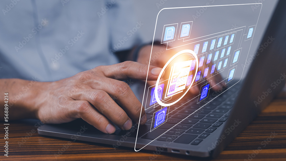 Document management concept, Businessman using computer to document ...