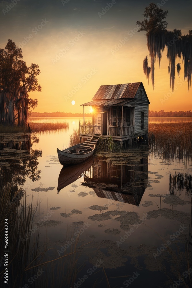 dramatic landscape, sunset cajun swamp scene with shack and boat, AI ...