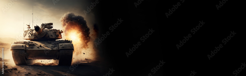 Tank crosses a mine field during a war invasion. Banner with black copy ...