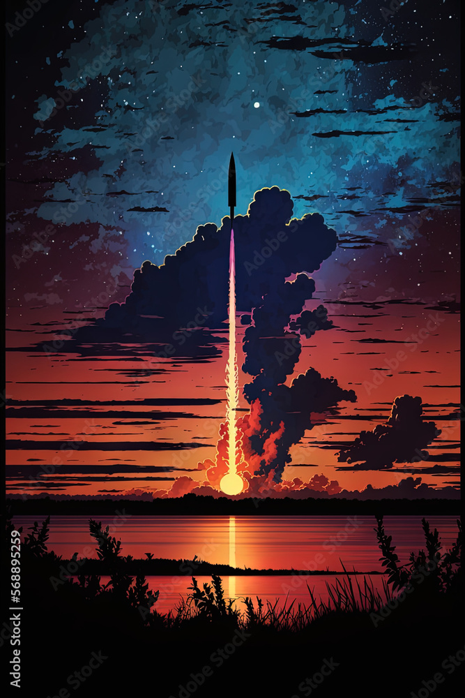Rocket Ship, Space, Takeoff, Sunset, Clouds, Black, Pink, Purple, Blast ...