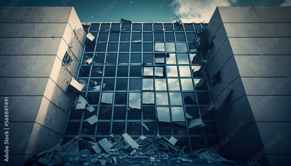Aftermath of earthquake destruction: office building with shattered ...