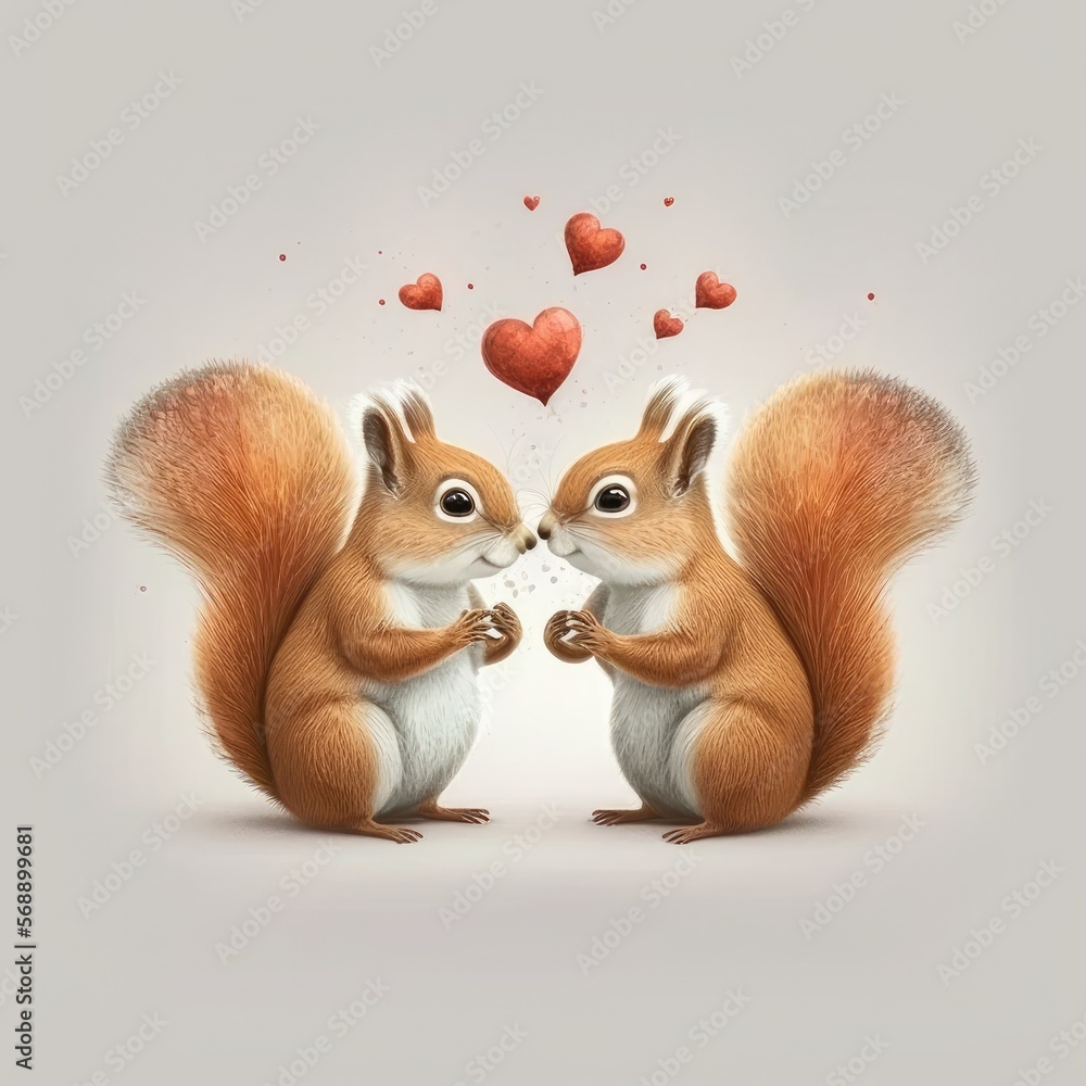 cute couple of squirrels blowing hearts, love, valentine, vector, AI assisted finalized in ...